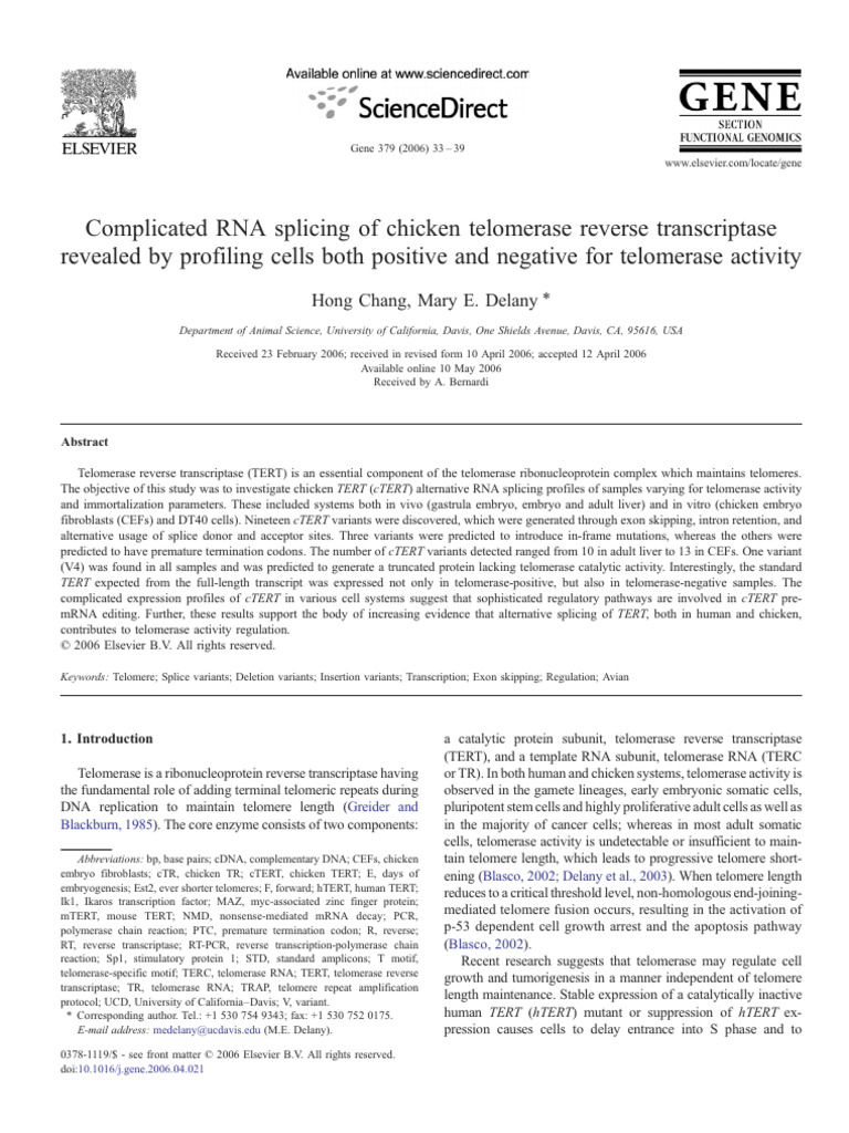 Complicated RNA Splicing of Chicken Telomerase Reverse Transcriptase Revealed by | PDF | Rna ...