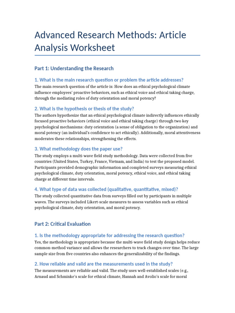 Article Analysis Worksheet | PDF | Methodology | Psychology