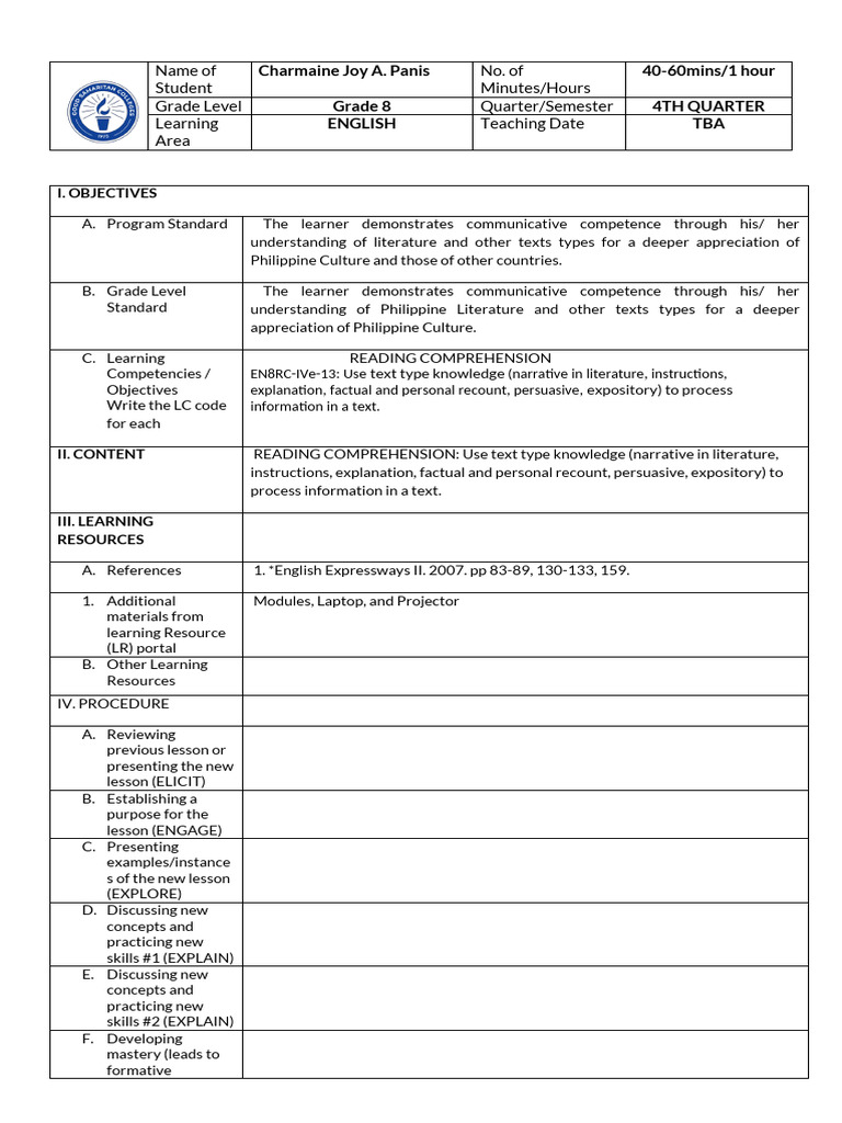 Midterm Lesson Plan Ed Eng 105 | PDF | Learning | Reading Comprehension