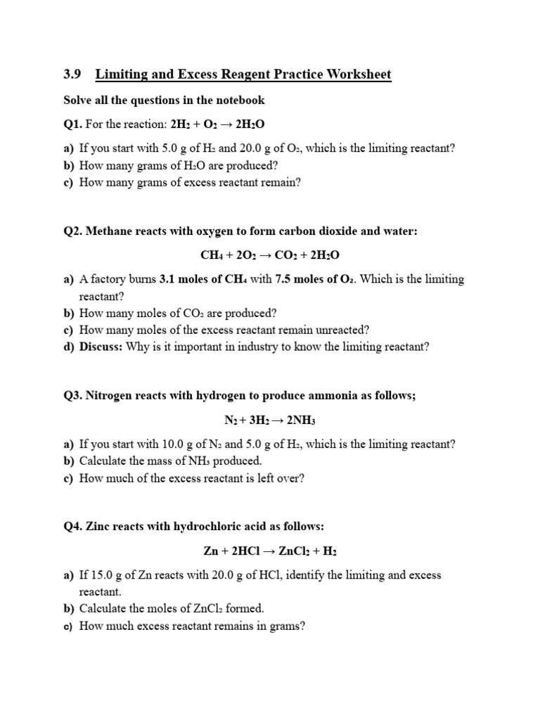 Limiting and Excess Reactant Worksheet | PDF
