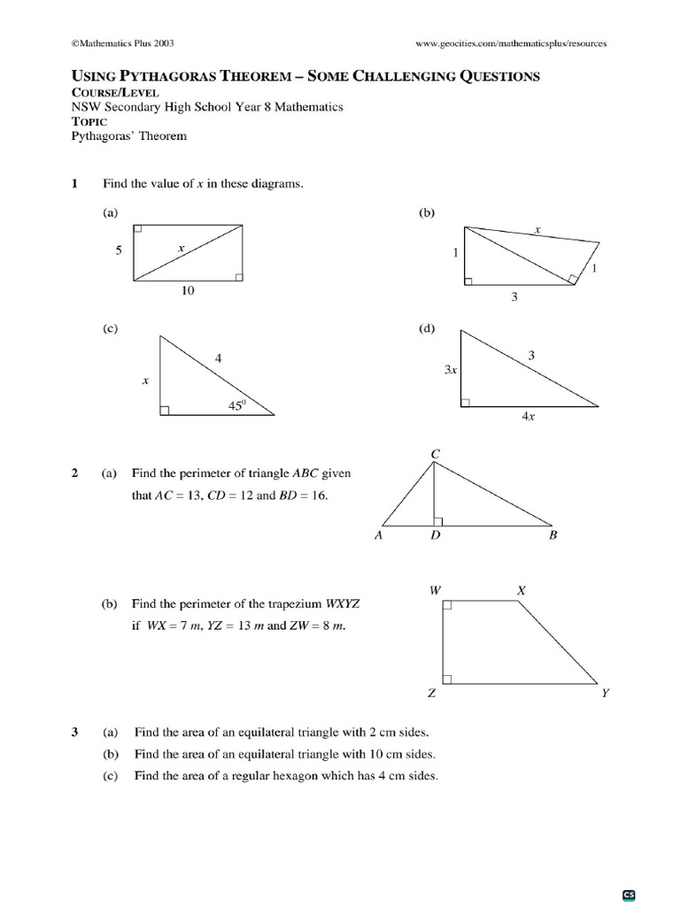 Maths Worksheet Pythagoras | PDF