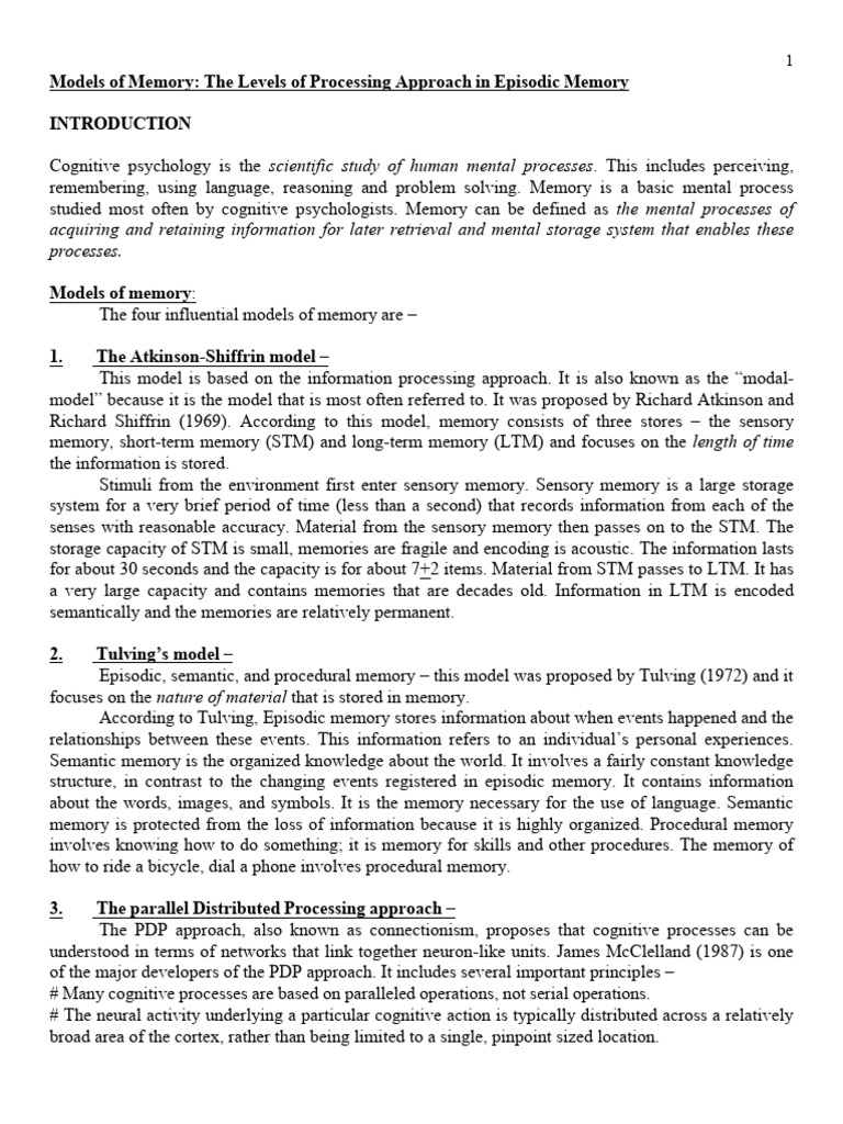 Levels of Processing in Memory Models | PDF | Memory | Recall (Memory)