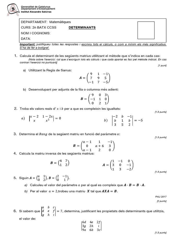 Examen Unitat 2 DETERMINANTS 2018 | PDF