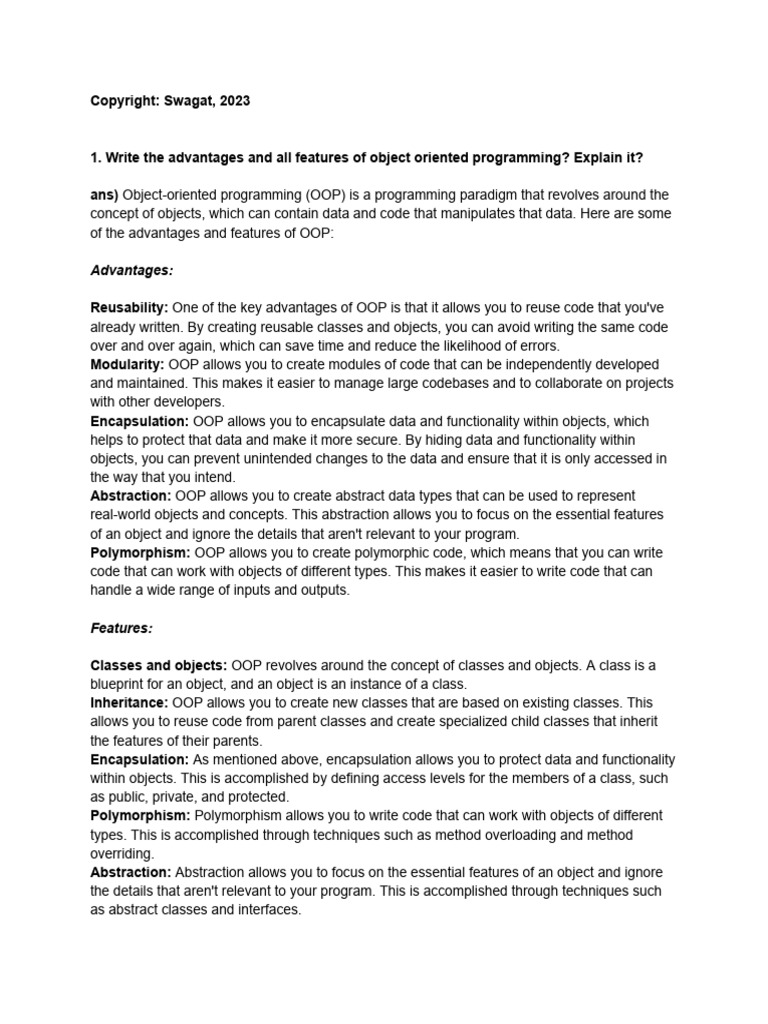 OOPs Asssignment Long Questions (Made by Swagat) | PDF | Object ...