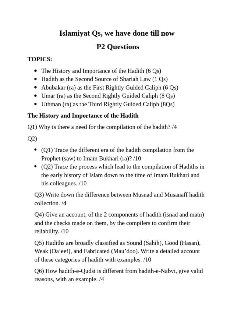 Islamiyat Questions on Hadith and Caliphs | PDF | Hadith | Caliphate