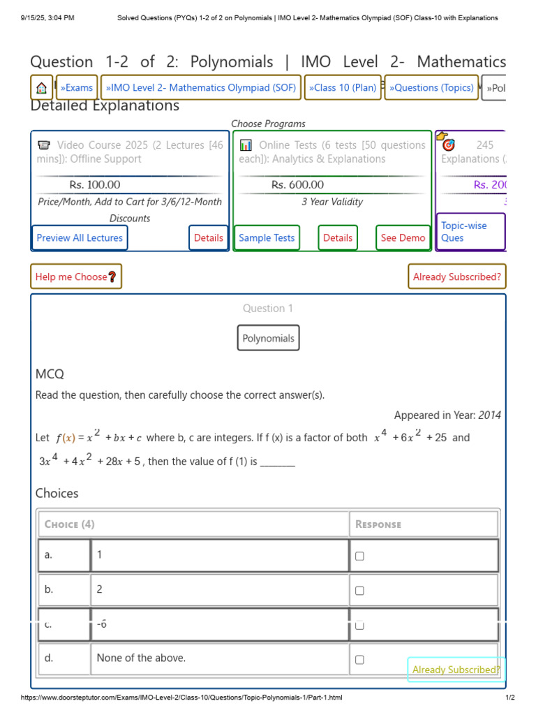 Solved Questions (PYQs) 1-2 of 2 On Polynomials - IMO Level 2 ...