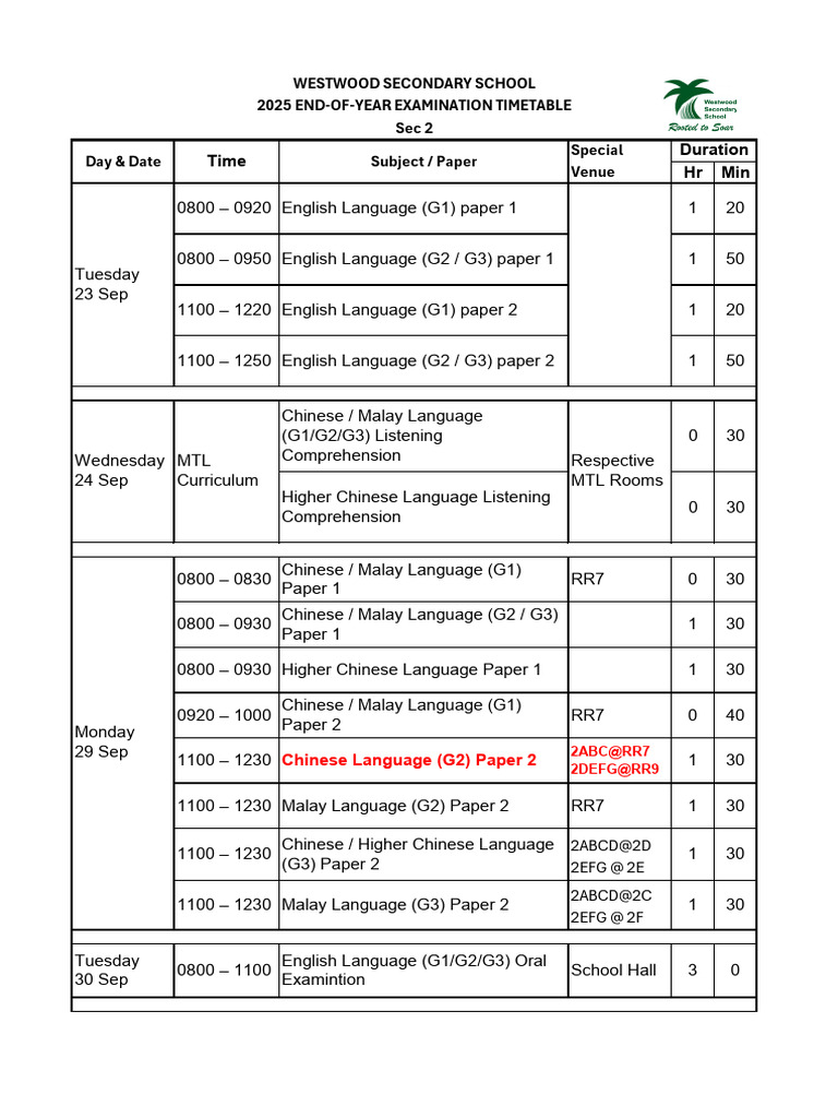 Sec 2 Updated End-Of-Year Exam Timetable 2025 Updated 22 Sep | PDF