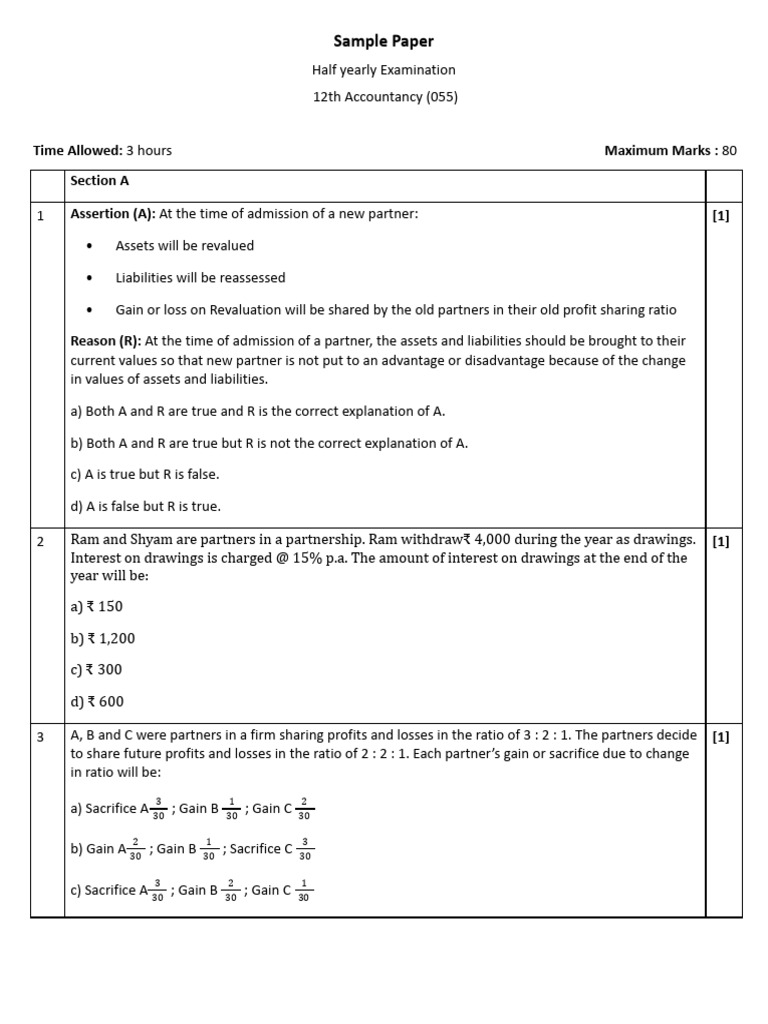 12th Acc Half Yearly Sample Paper | PDF | Balance Sheet | Goodwill ...