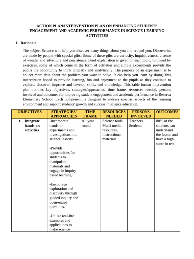 Action Plan Intervention Plan | PDF | Teachers | Cognition