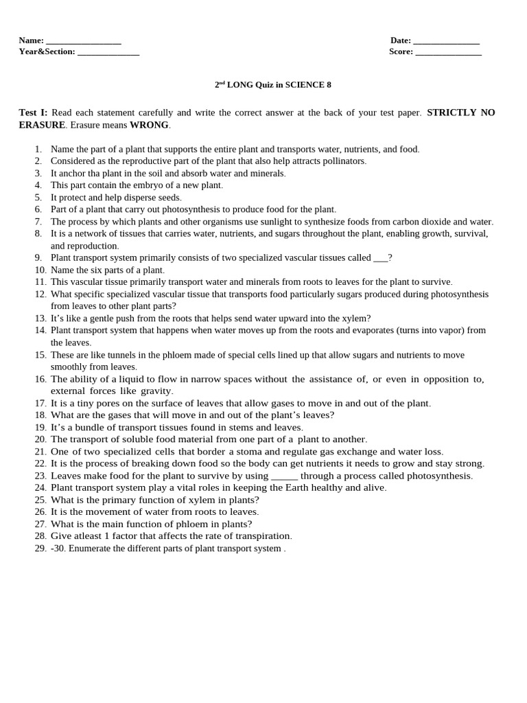 2nd Long Quiz in Science 8 | PDF | Leaf | Plants