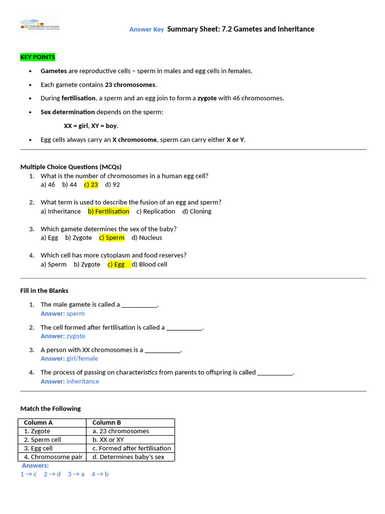 7.2 Gametes & Inheritance Answer Key Summary Sheet | PDF ...