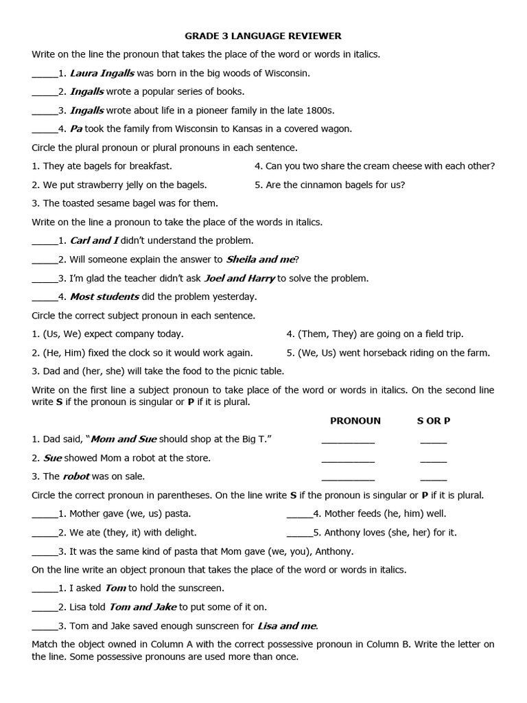 Grade 3 Pronoun and Verb Review | PDF | Verb | Pronoun