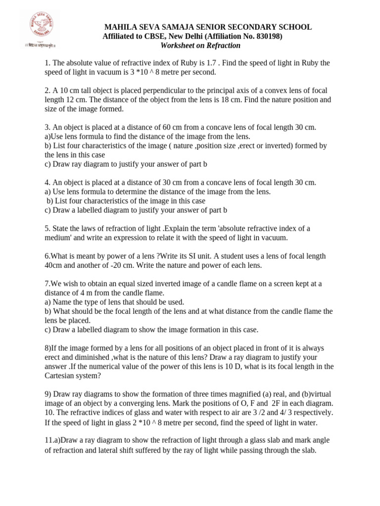 Worksheet On Refraction | PDF | Atomic | Electrodynamics