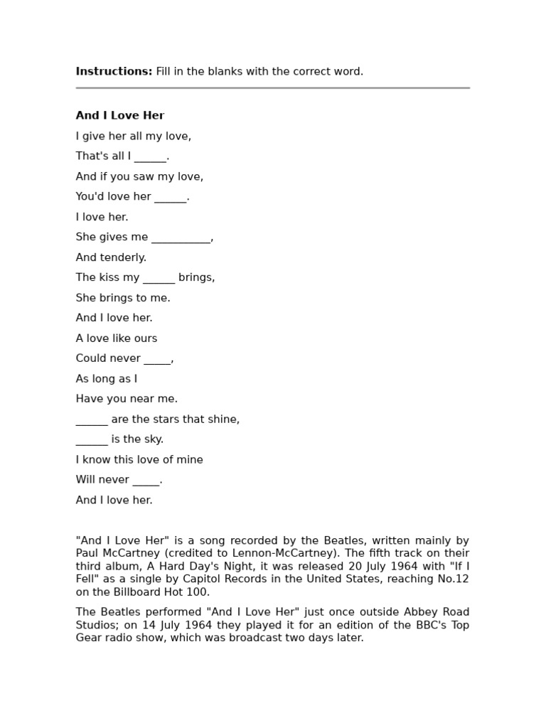 Fill in the Blanks: "And I Love Her" Lyrics | PDF
