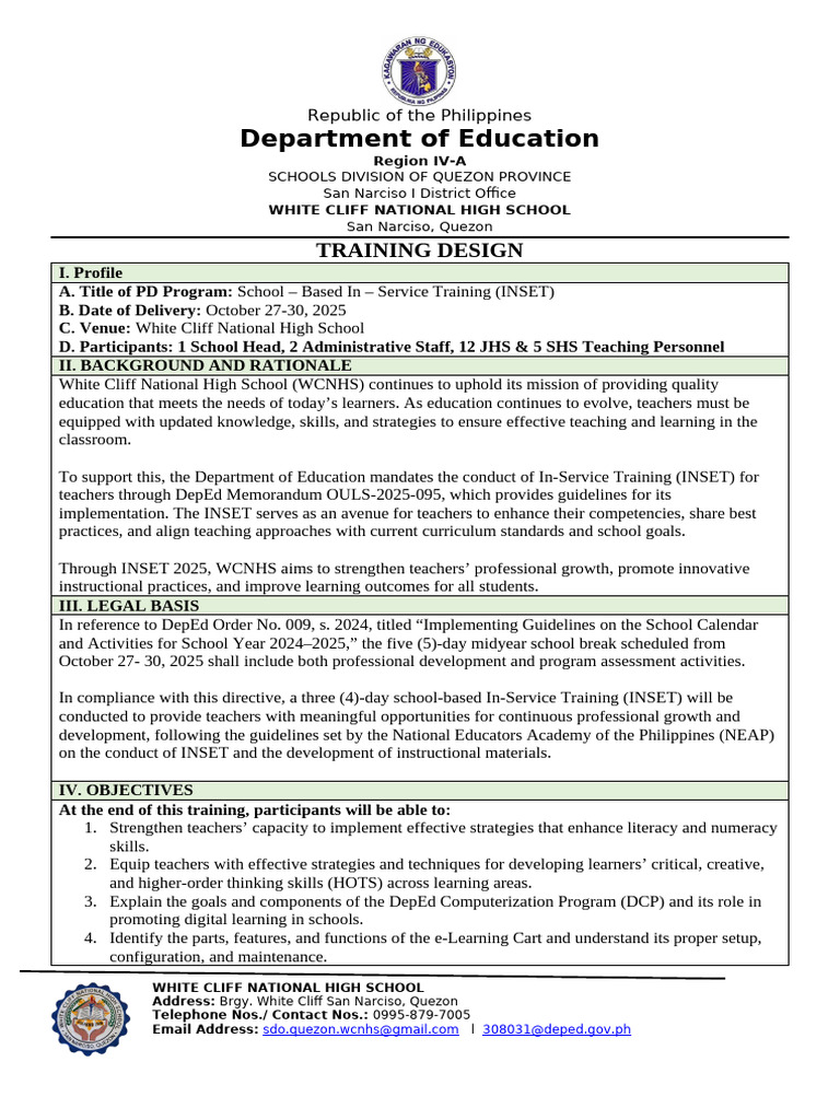 TRAINING DESIGN-INSET October, 2025 | PDF | Educational Technology | Learning