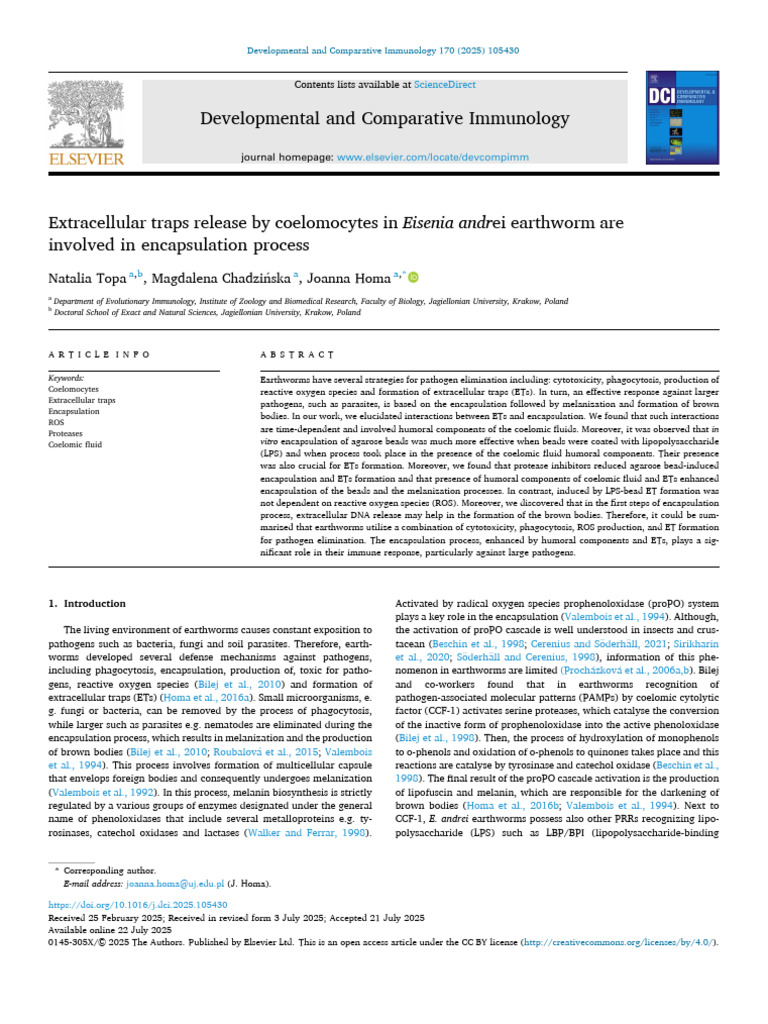 Extracellular Traps Release by Coelomocytes in Eisenia Andrei Earthworm ...