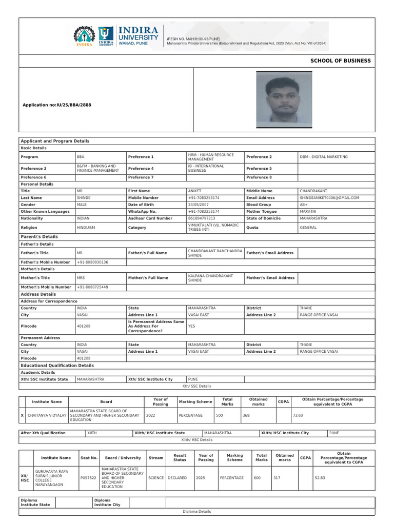 Application Form IU 25 BBA 2888 | PDF | Educational Stages