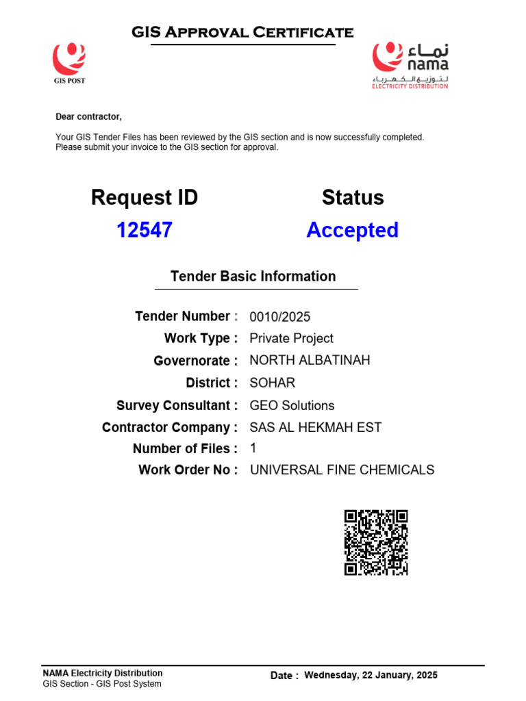 GIS Approval Certificate for Tender 0010/2025 | PDF