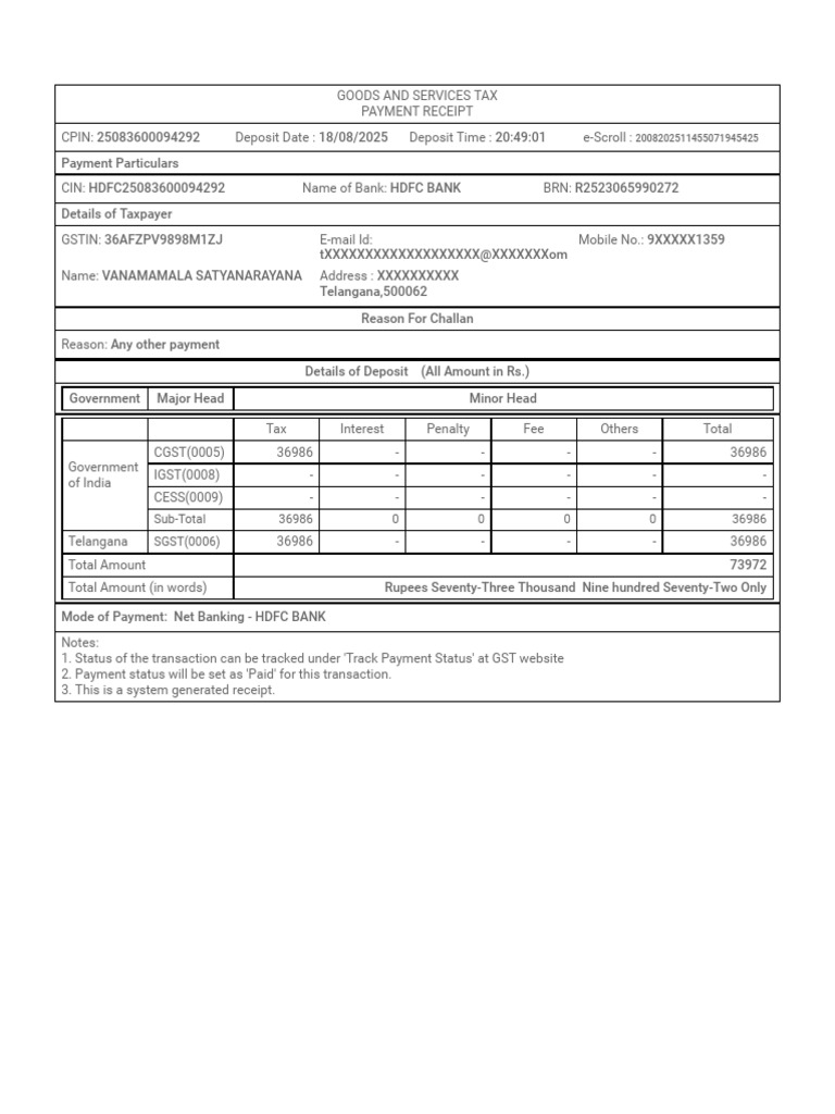 GST Payment Receipt for Vanamamala | PDF