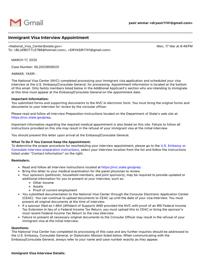 Immigrant Visa Interview Appointment Notice | PDF | Diplomacy