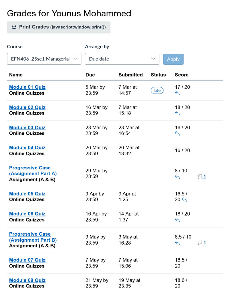 Grades For Manegerial Finance | PDF | Quiz Games