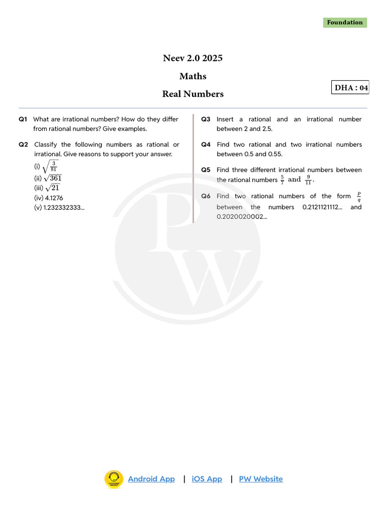Real Numbers - DHA 04 (Of Lecture 10) - Neev 2.0 2025 | PDF | Rational Number | Numbers