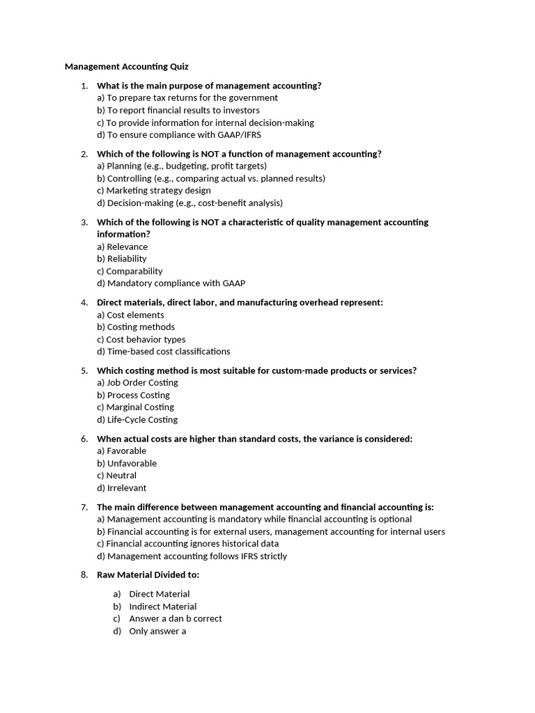 Management Accounting Quiz-Session1 | PDF