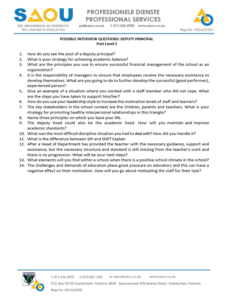 Deputy Principal Interview Questions | PDF