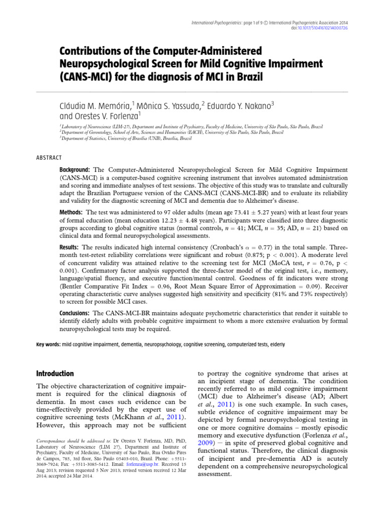 CANS-MCI-BR: Diagnosing MCI in Brazil | PDF | Behavioural Sciences ...
