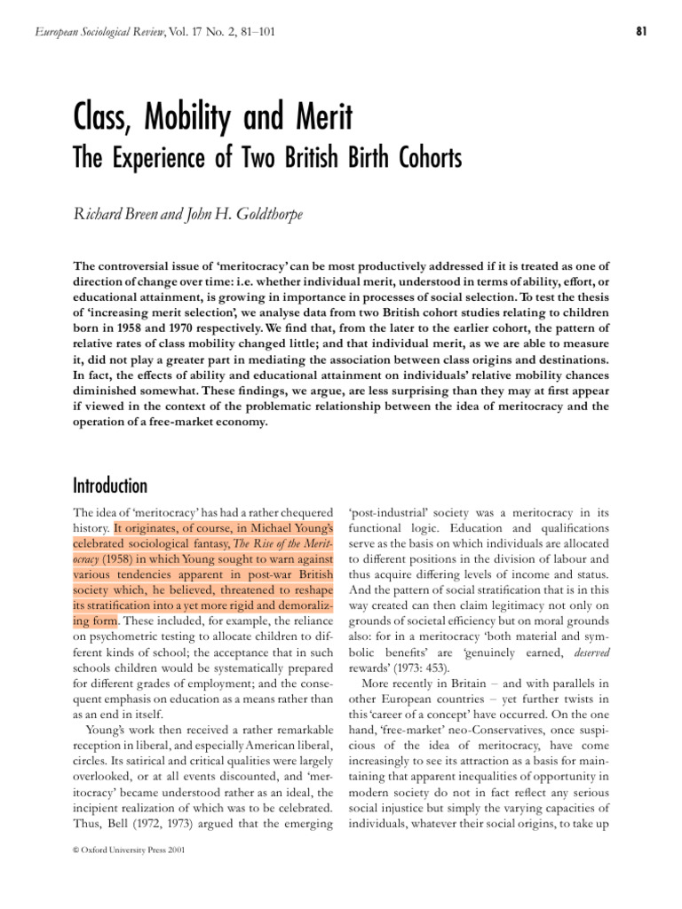 Breen, R Goldthorpe, J. H. Class, Merit and Mobility | PDF ...
