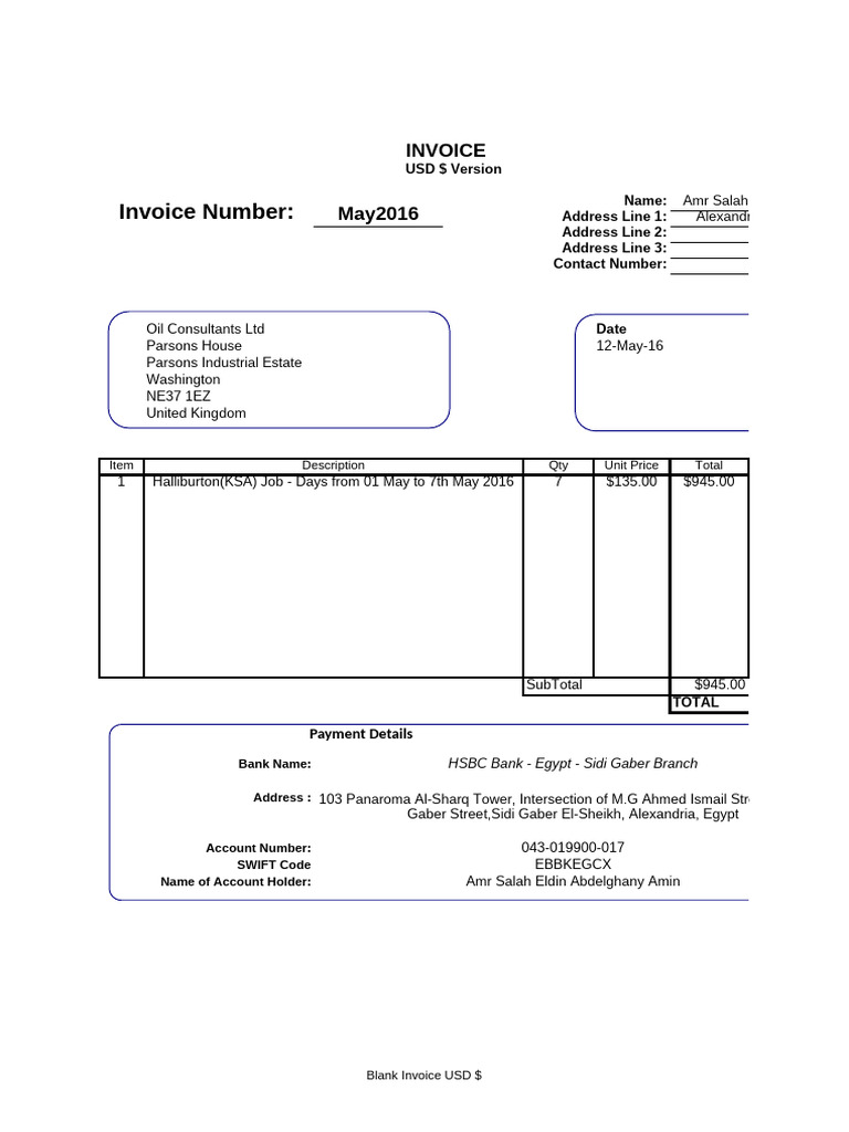 Amr Amin - May 2016 - Invoice USD | PDF | Invoice | Accounting