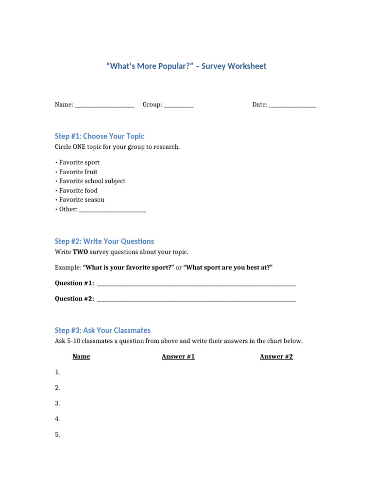 Survey Worksheet for Popularity Research | PDF