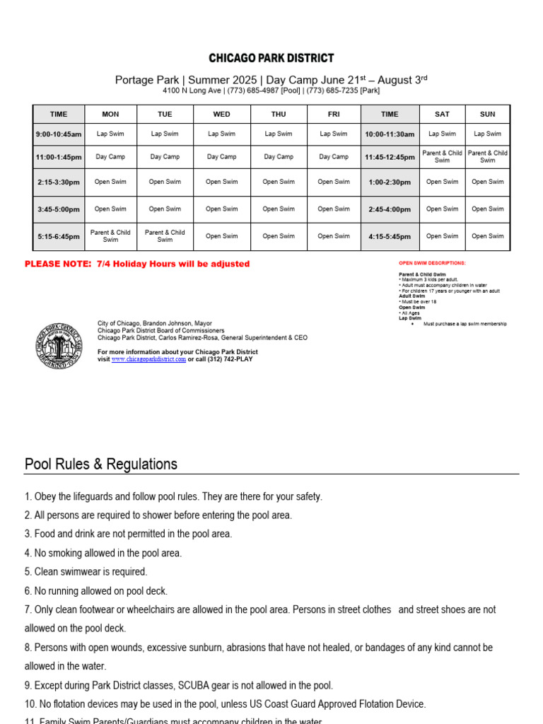 June 21-Aug 3 2025 Portage Park Pool Schedule UPdated | PDF | Chess ...