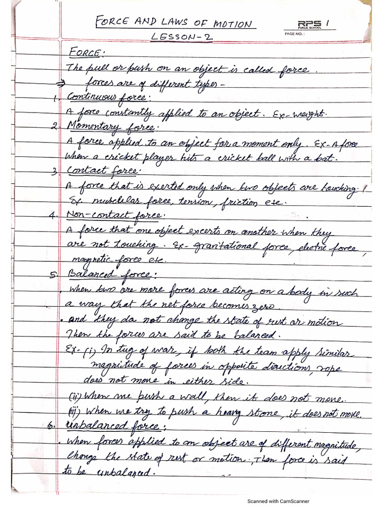 PHYSICS, CLASS-9, Lesson-2 (Force and Laws of Motion) Notes | PDF