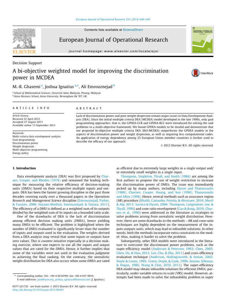 A Bi-Objective Weighted Model For Improving The Discriminationpower in ...