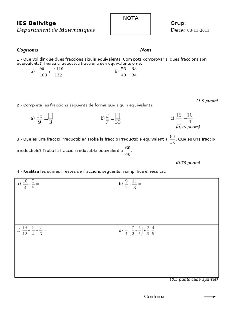 Examen Fraccions 2n ESO | PDF