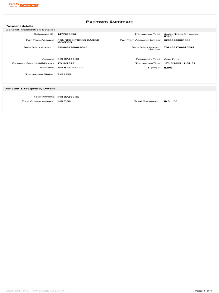 Payment Summary for Quick Transfer | PDF
