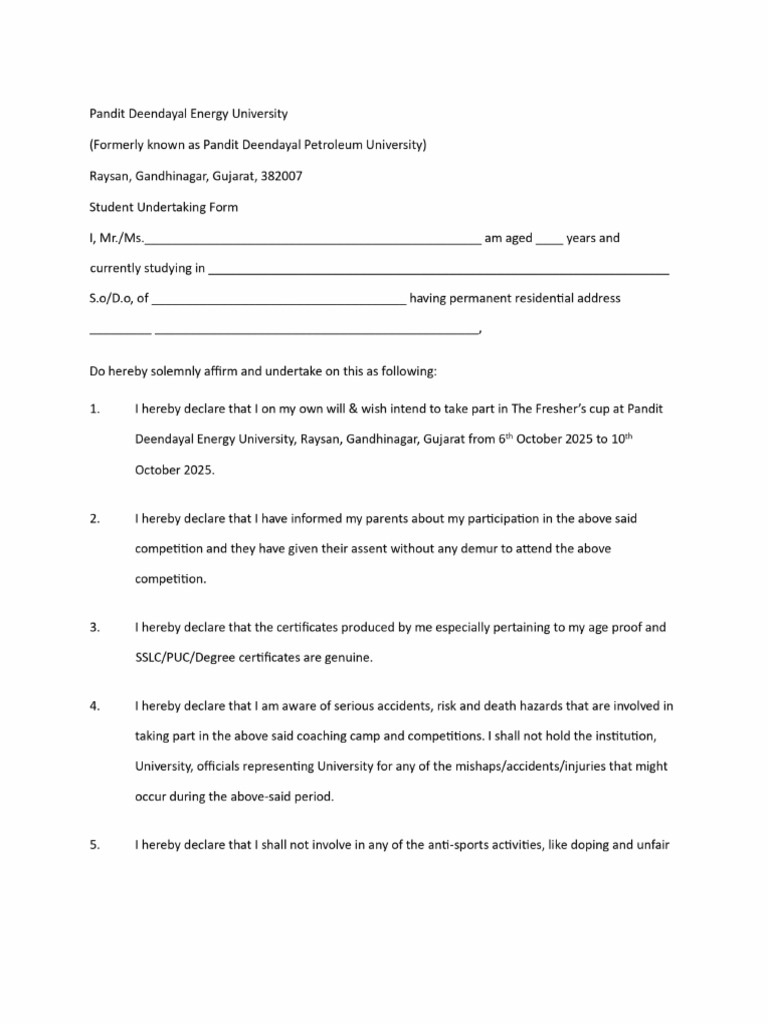 Undertaking Form Fresher Cup - 251003 - 115140 | PDF | Crimes | Crime & Violence