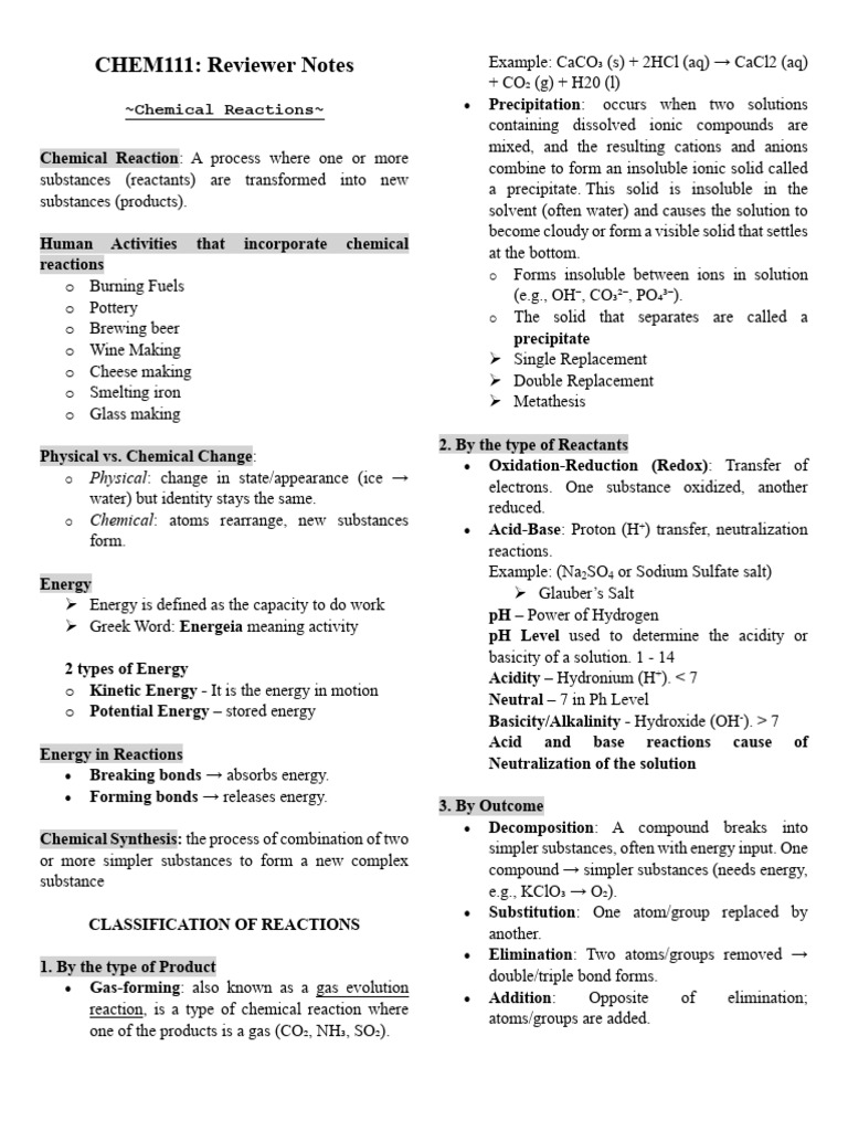 Chem111 Reviewer (Midterms) + | PDF | Redox | Chemical Reactions