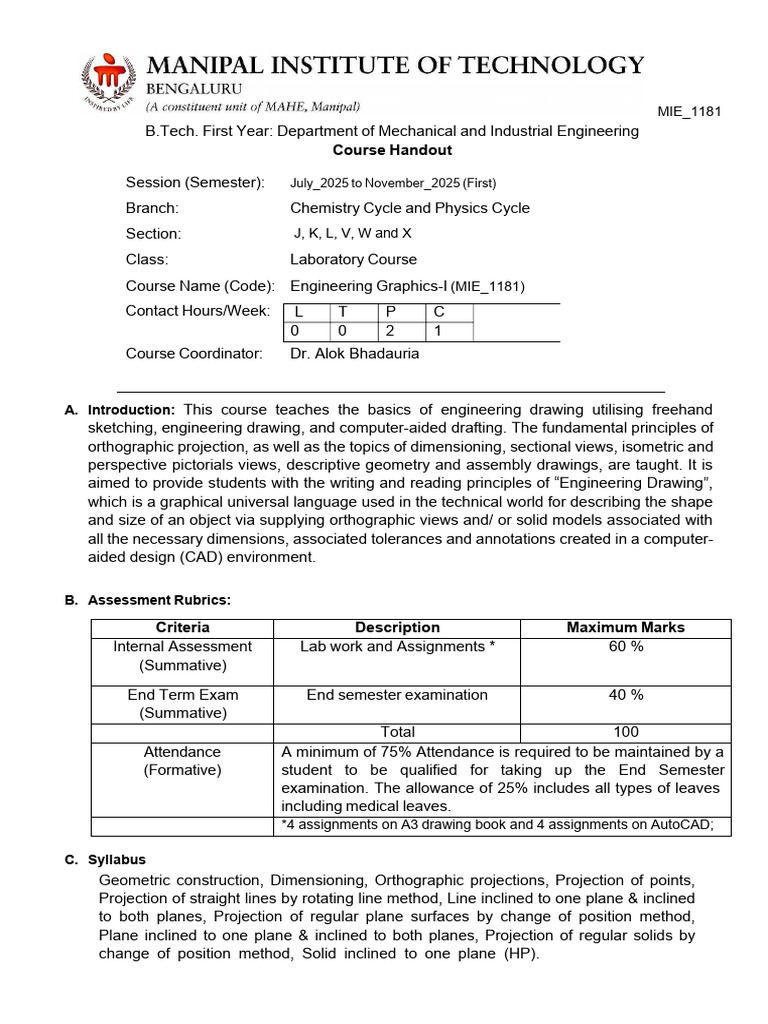 MIE 1181 EnggGrapgics-I Lab Handout MITBLR 2025 | PDF | Engineering | Computer Aided Design
