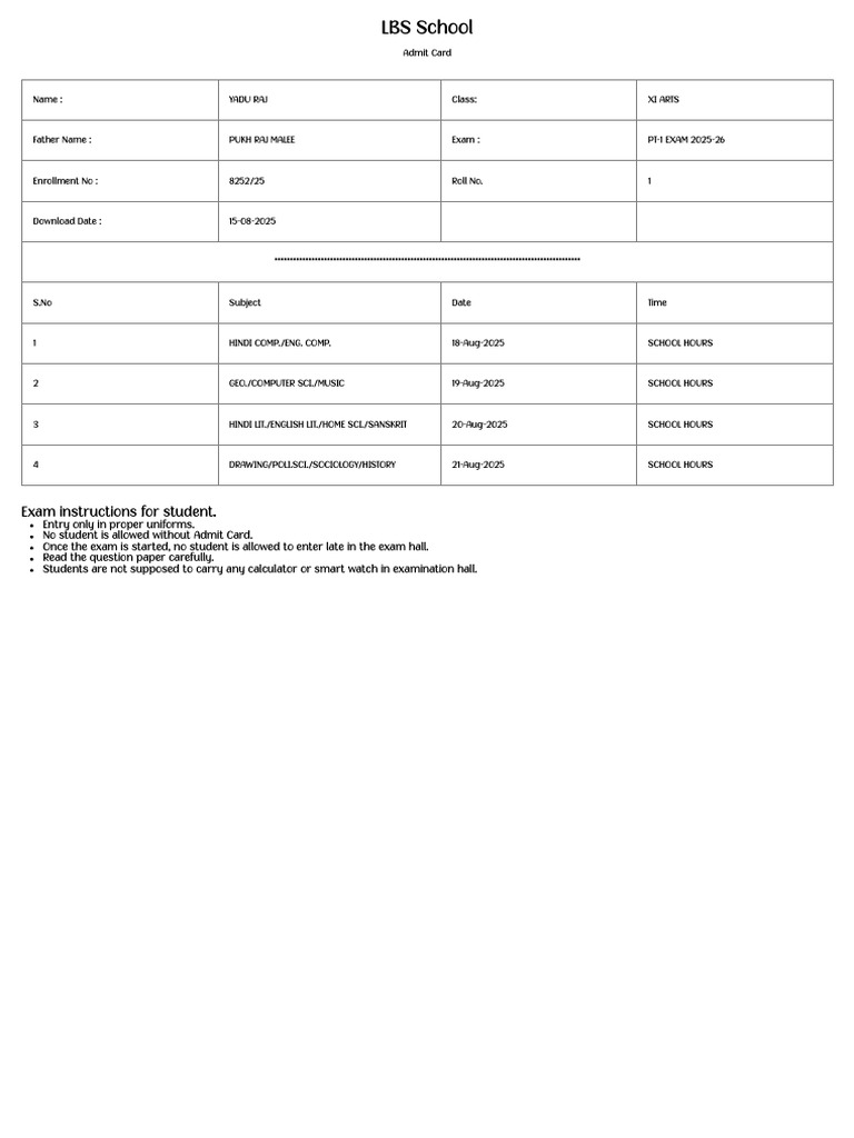 Admit Card - LBS School Document | PDF