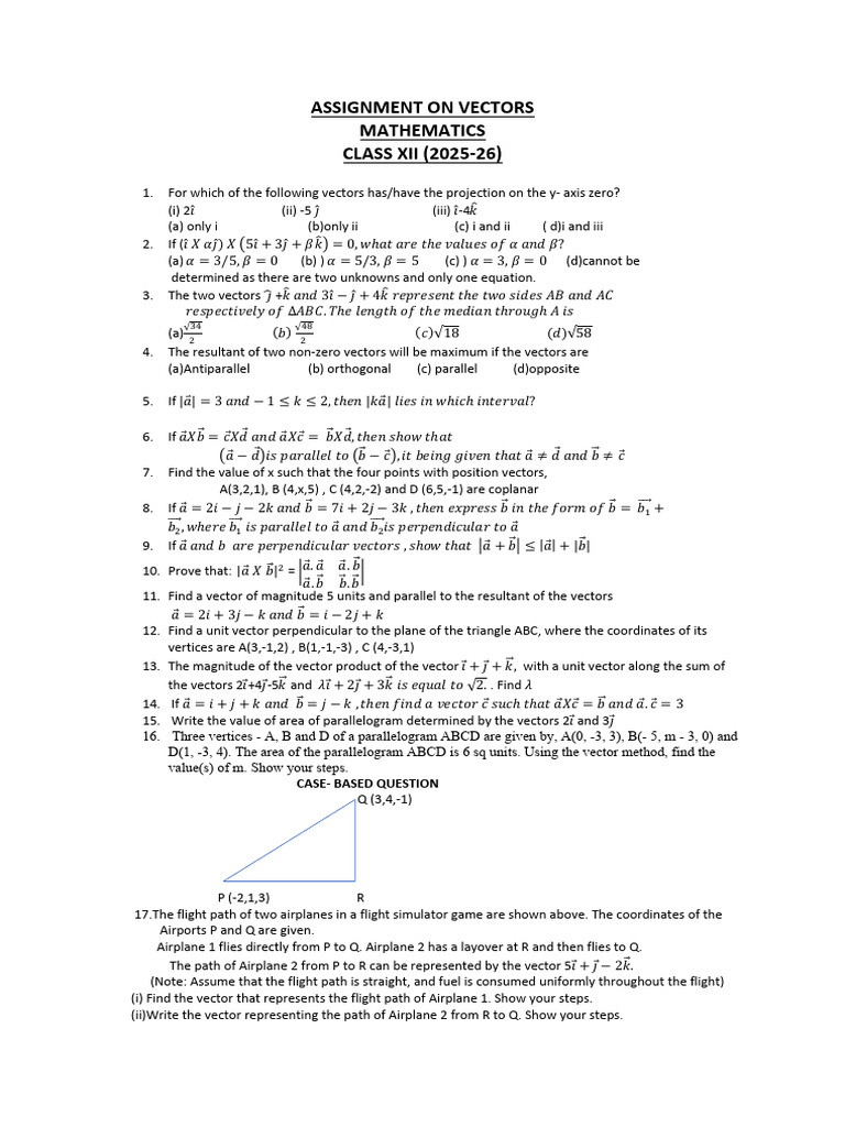 Assignment Vectors Class Xii 2025 HPK | PDF | Euclidean Vector | Geometry
