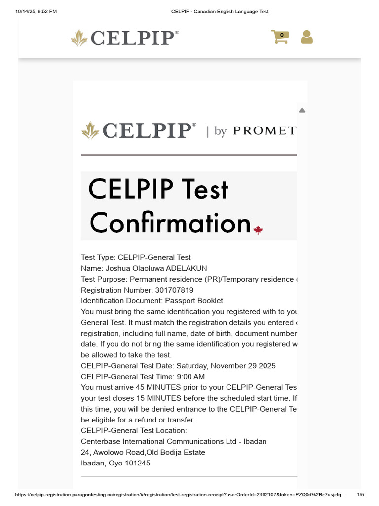 CELPIP - Canadian English Language Test | PDF | Identity Document