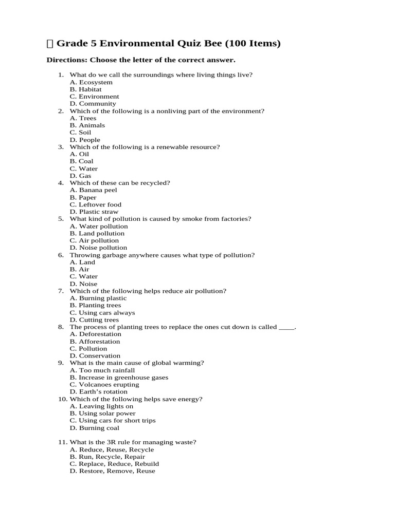 Grade 5 Environmental Science Quiz | PDF | Waste | Pollution