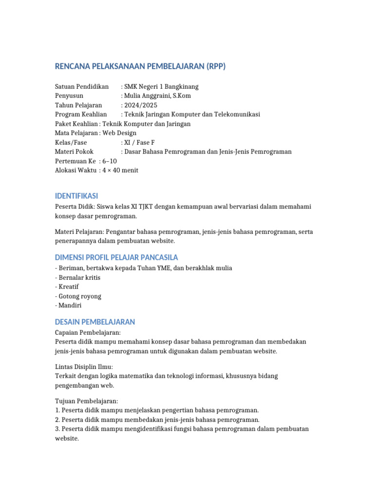 RPP Web Design: Dasar Pemrograman SMK | PDF