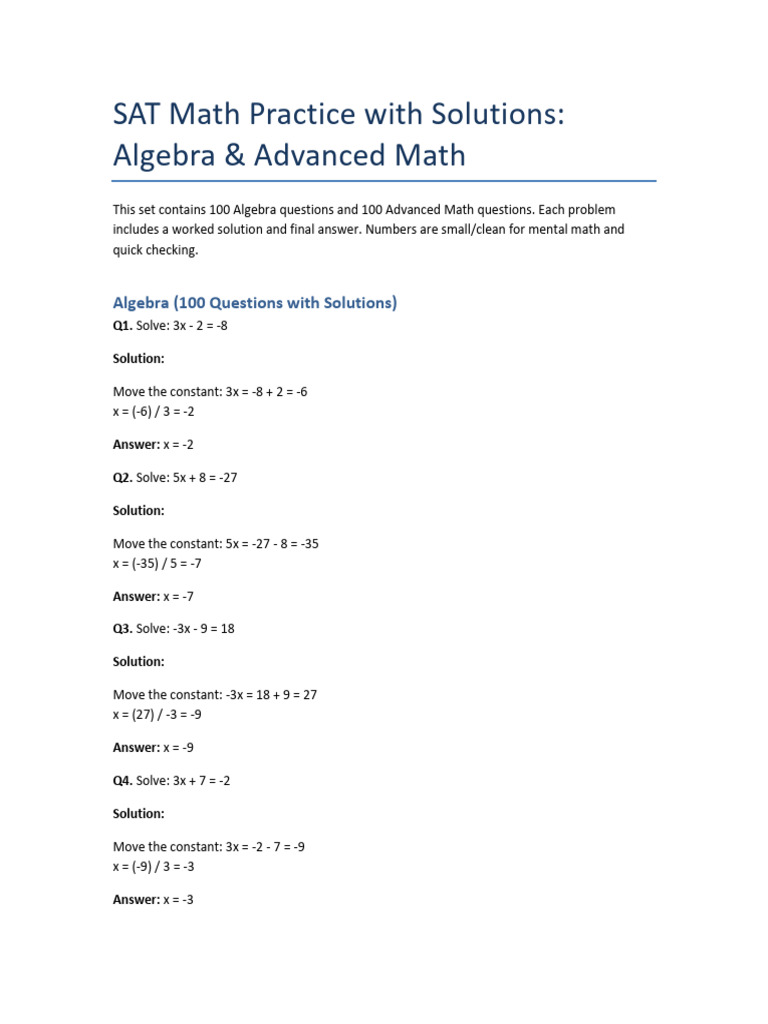 SAT Math Algebra Advanced With Solutions | PDF | Inequality ...