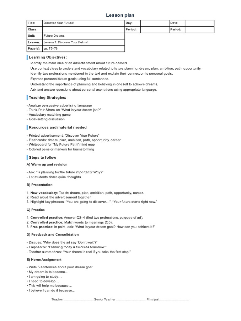 Unit 5 - Future Dreams - Lesson Plans (A4 Portrait) | PDF
