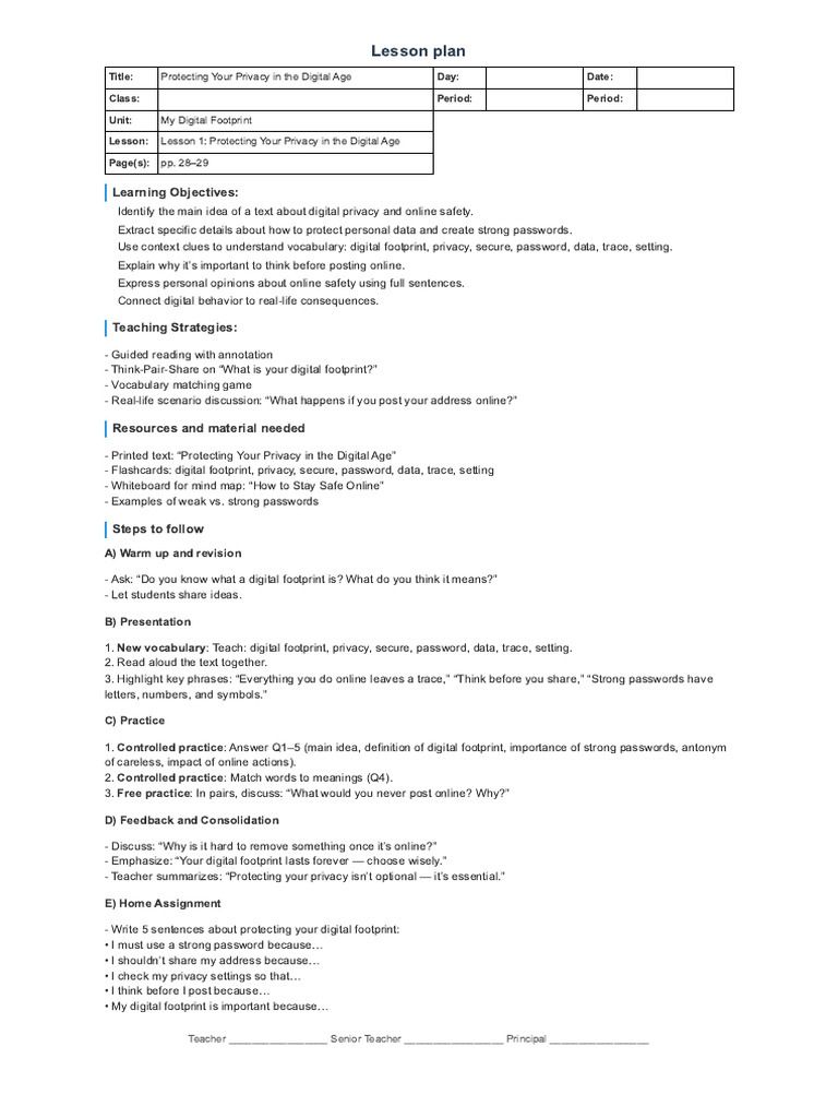 Unit 2 - My Digital Footprint - Lesson Plans (A4 Portrait) | PDF