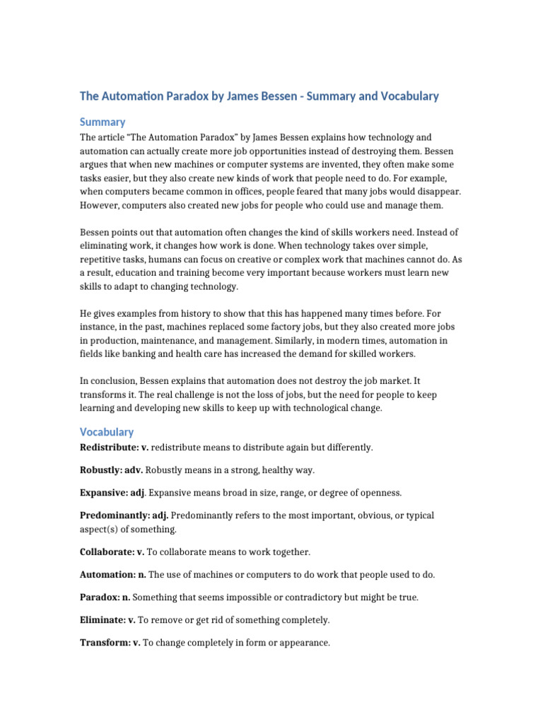 The Automation Paradox Summary and Vocabulary | PDF | Automation | Reason