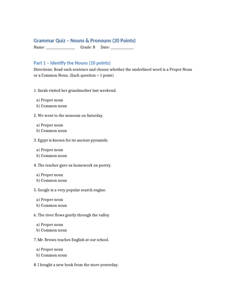 Nouns and Pronouns Grammar Quiz | PDF